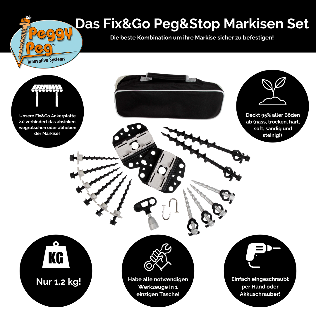 Fix&Go Peg&Stop Markisen Set schwarz • Set inkl. Tasche (PP99BK) • Thu – Peggy Peg Shop